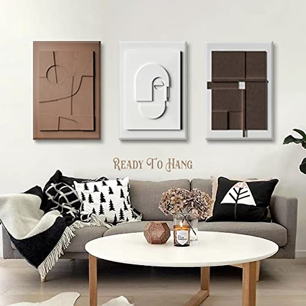 3 Pieces Brown White Geometric Abstract Minimalist Wall Art Canvas Nordic Home Decor Luxury Modern Simple Line Art Canvas Print Picture Bedroom Office Living Room Framed Size: 16 "24" 3