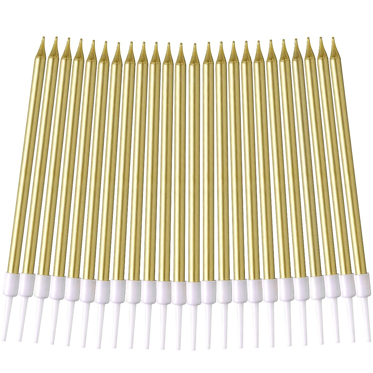 24 Count Party Long Thin Cake Candles Metallic Birthday Candles in Holders for Birthday Cakes Cupcake, Gold