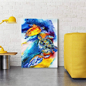 VVOVV Wall Decor Sea Turtle Canvas Wall Art Ocean Turtle Picture Wall Decor Blue Bathroom Art Painting Canvas Prints, Framed Ready to Hang 24"x36"