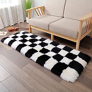 LLB Premium Sheepskin Rug Fluffy Plaid Rug 72 x 24 Inches Black and White Check Luxury Wool Rug for Bedroom Living Room (Black & White Plaid, 24''x72'')