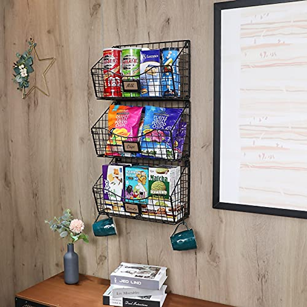 X-cosrack 3 Tier Hanging Metal Wire Basket Bin Extra Large with 5 Hooks Foldable Wall Mount File Holder Sorter Magazine Mail Rack Fruit Organizer for Kitchen Bathroom Entryway Garage Office-Large Size