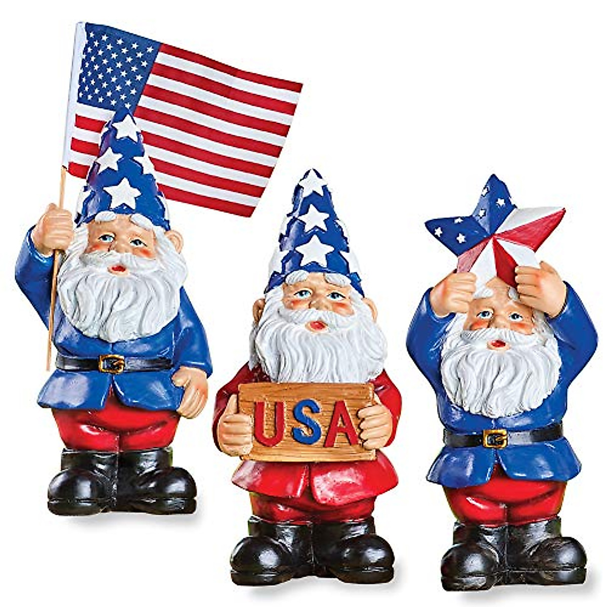 Collections Etc American Pride Uncle Sam Garden Gnome Set, Set of 3 - Lawn & Garden Seasonal 4th of July Decor - Resin - 3.5" L x 3.5" W x 9" H
