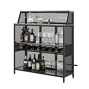 REHOOPEX Home Bar, 4 Tier Industrial 51in Bar Cabinet, Farmhouse Liquor Cabinet with Footrest, Wood Bar Cabinet Wine Storage Shelf, Metal Buffet Cabinet for Home, Kitchen, Pub (Black)