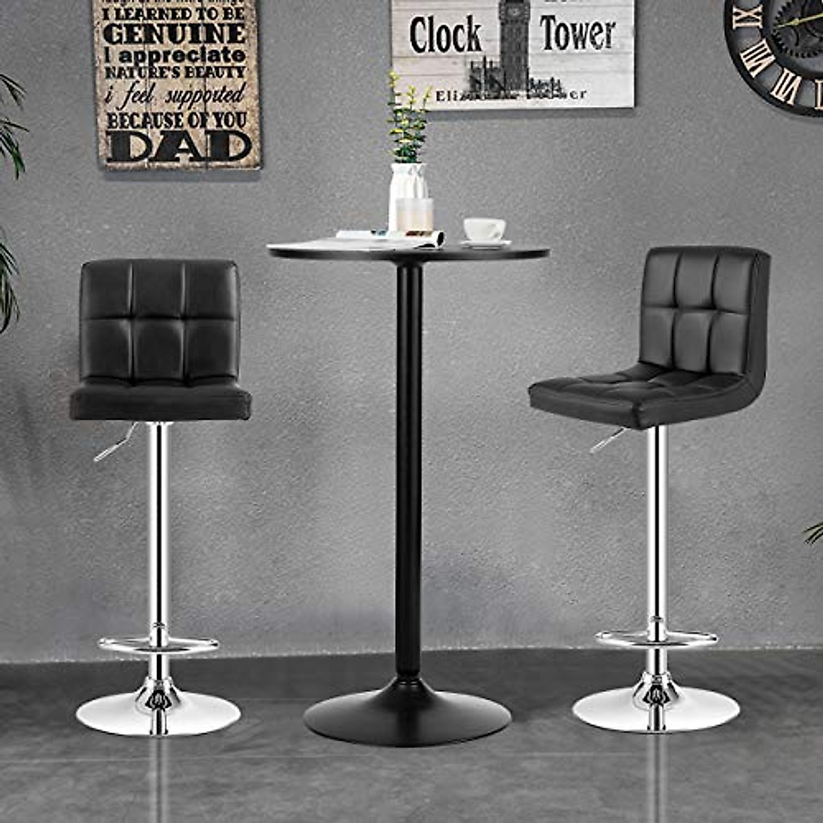 COSTWAY 3-Piece Bar Table Set, Round Cocktail Table and PU Leather Adjustable Swivel Chairs, Modern Counter Height Table Set with 2 Bar Stool for Kitchen, Office (Black)