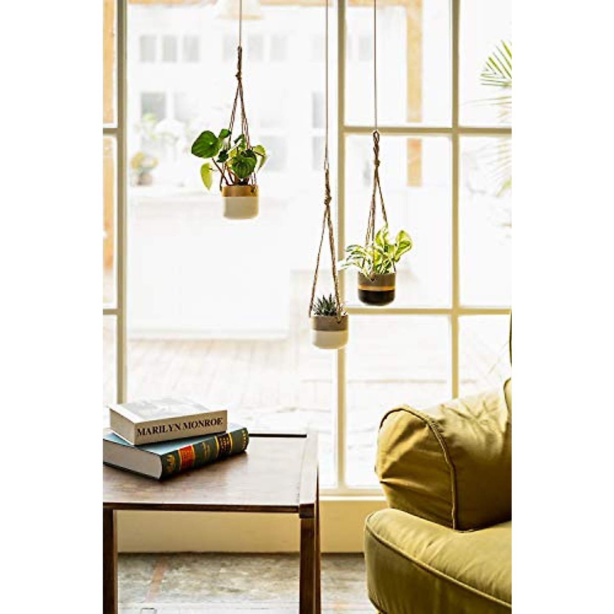 Dahey 3 Pack Small Cement Hanging Planter Succulent Pots with Jute Rope Hanger Modern Mini Concrete Flower Pots Indoor for Cactus Herb or Small Plants Home Decor, 3 Inch