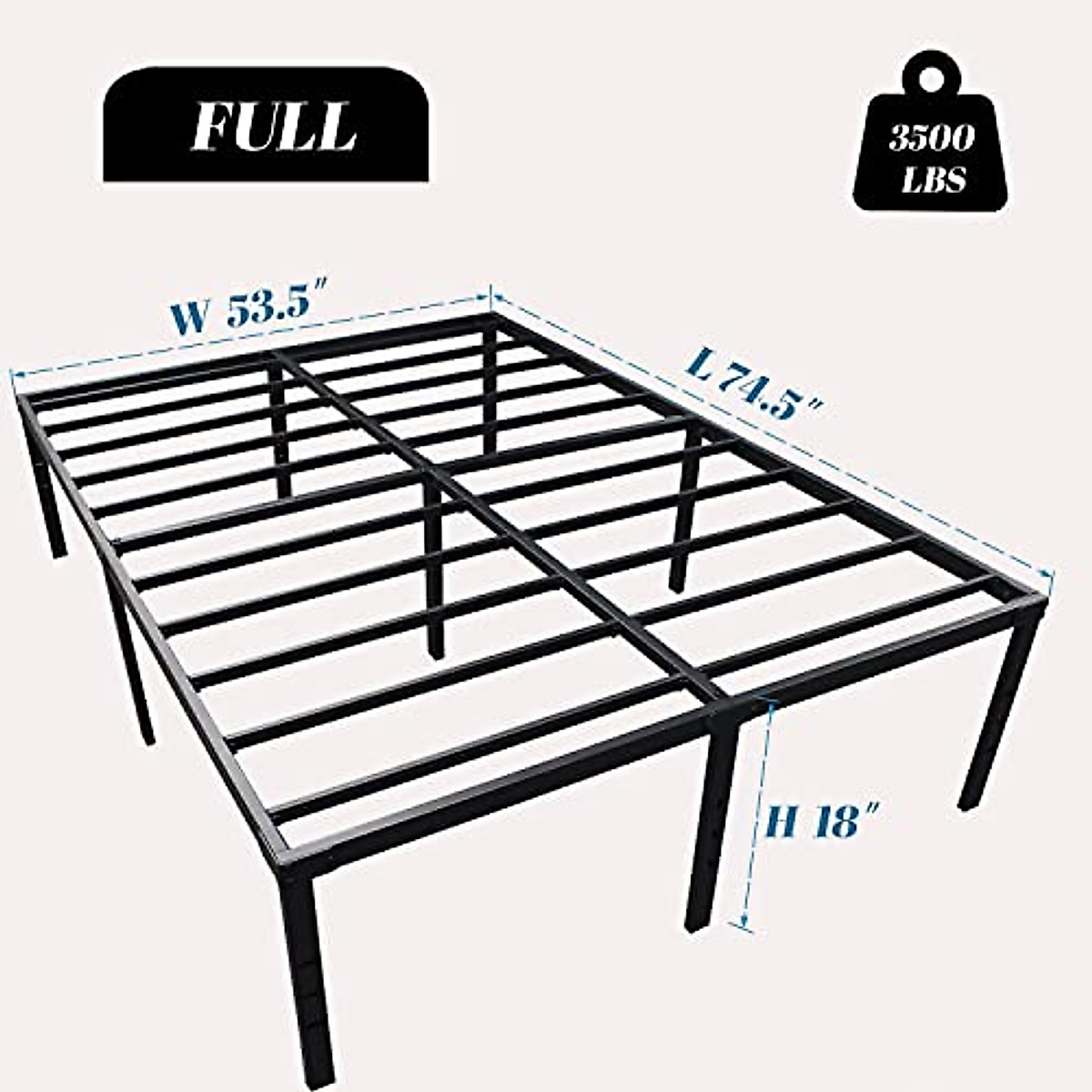Chezisam Full Bed Frame No Box Spring Needed 18 "Tall Metal Platform Bed Base Heavy Duty Steel Slat Mattress Foundation with Under Bed Storage Space Easy Assembly,Non-Slip Noiseless