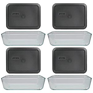Pyrex (4 7210 Glass Dishes & (4) 7210-PC Charcoal Gray Lids