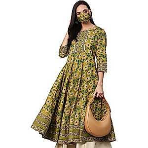 Yash Gallery Printed Yoke Design Cotton Anarkali Kurta for Women Indian Style Green
