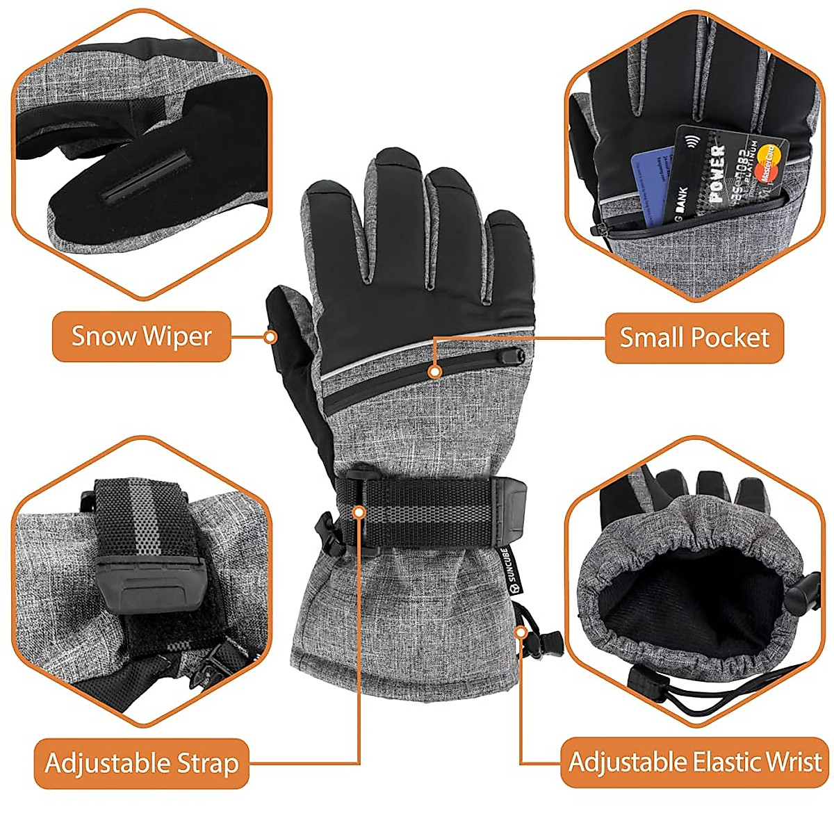 SUN CUBE Ski Gloves Men Women, Waterproof Thermal Winter Snow Gloves, Windproof 3M Thinsulate Snowboarding Snowmobile Skiing, Insulated Warmers Zipper Pocket Cold Weather Outdoor Snowboard, Gray XL