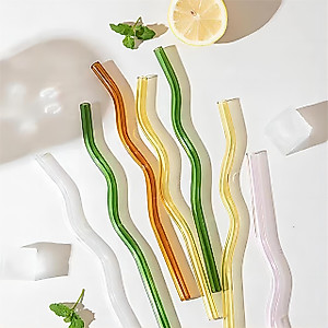 6 Pcs 7.87"×8mm Wavy Glass Straws, Reusable Colorful Glass Straws with 1 Cleaning Brush -Perfect For Juice, Tea, Coffee, Cocktails and Lemonade.