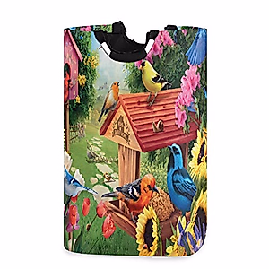Kaariok Spring Birds Sunflower Animal Floral Laundry Hamper with Handles Waterproof Collapsible Storage Basket Large Dirty Clothes Bin for Laundry Room, 22.7 Inches