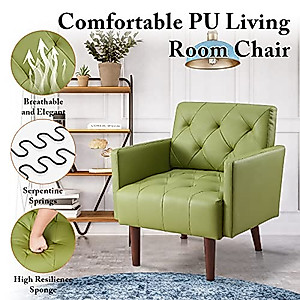 PEIHONGET Faux Leather Accent Chair, Modern Retro Arm Chair for Living Room and Bedroom Tufted Upholstered Sofa Club Chair Comfy Armchair for Small Spaces Bedroom Office (Olive)