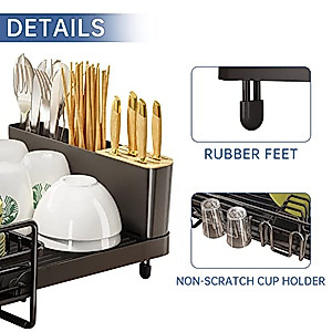 PXRACK Dish Drying Rack, Expandable(19.1"-26.9") Large Capacity Dish Rack and Drainboard Set, Stainless Steel Dish Drainers with Utensil Holder for Kitchen Counter, Black