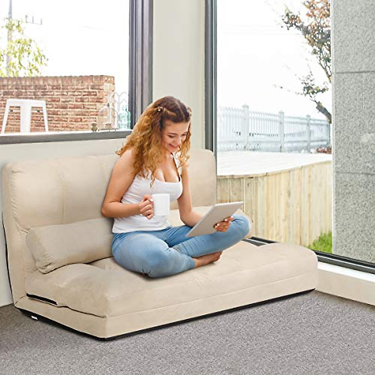 S AFSTAR Safstar Floor Folding Couch and Futon Sofa, 6-Position Fabric Sleeper Sofa Bed with 2 Pillows and Sponge Filling, Adjustable Lazy Sofa for Living Room and Bedroom(Beige)