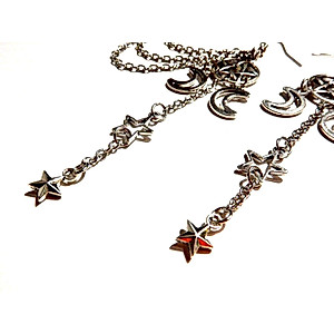 Asymmetrical Pentagram & Moon Earrings silvertone ear cuff & chains occult wiccan gothic