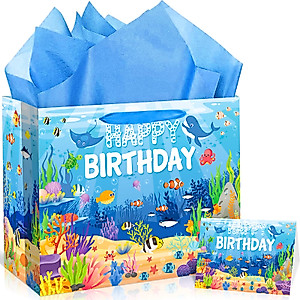 Sea Animals Party Supplies Ocean Animals Birthday Gift Bag with Tissue Papers Card Blue Under the Sea Birthday Wrapping Paper Bag for Underwater Pool Beach Birthday Baby Shower Party Decorations