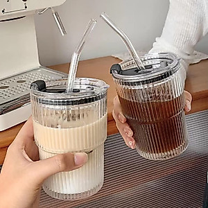 AKAVIG 1 pieces Classic Vertical Stripes Coffee Glass Cups with Lid and Straw - 14.5 Oz Ice Coffee Cup Ribbed Glassware