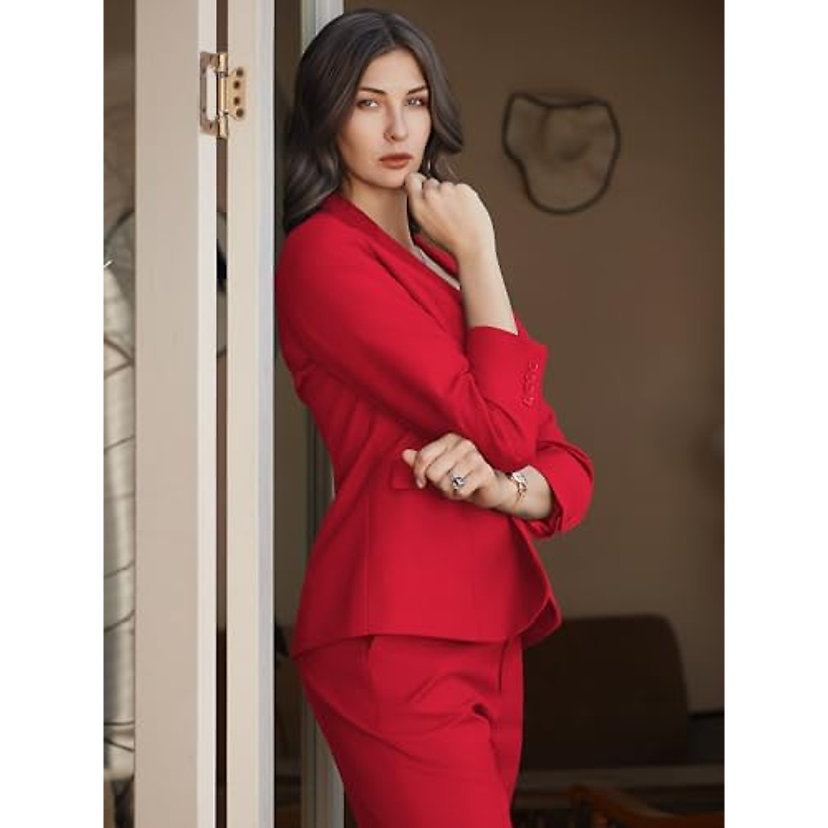 Kelyaa Women's 2 Piece Business Office Suit Lady Peaked Lapel Slim Fit One Button Blazer Jacket and Pants Set Red