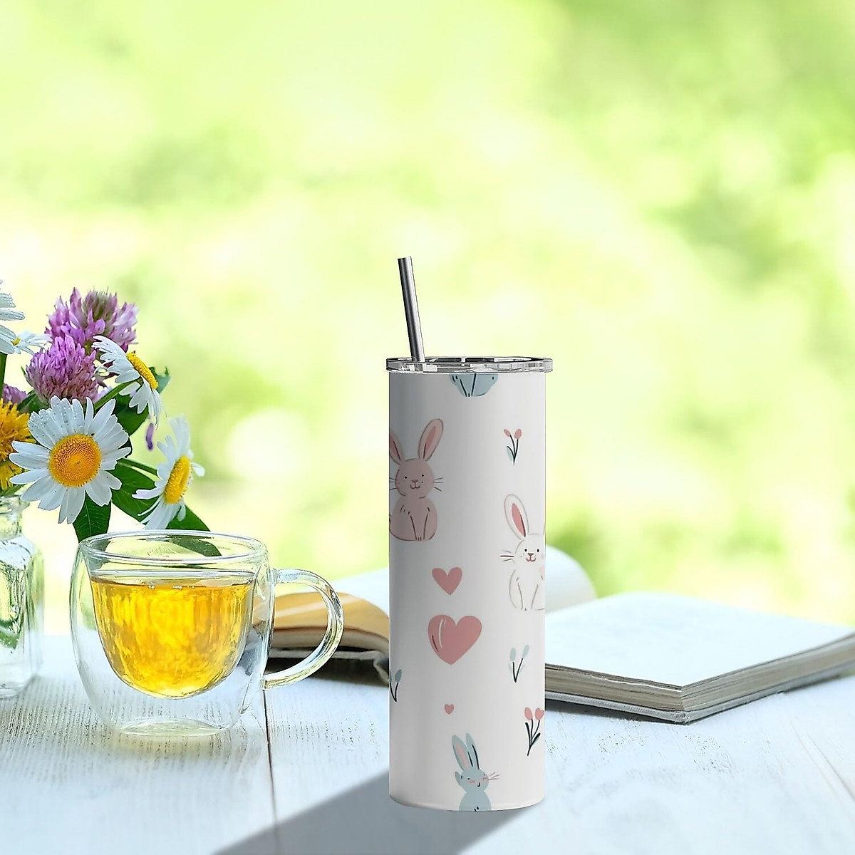 Tumbler with Lid and Straw Cartoon Love Rabbit Thermos Coffee Travel Mug Cute Cups 20 oz Insulated Tumbler for Daily Holiday Decor Gift Coffee Cup