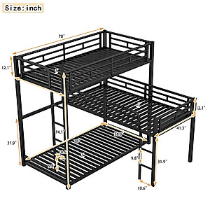 TURRIDU Heavy-Duty Triple Bunk Bed, Metal L-Shaped Bunk Bed for 3 Kids Adults with Built-in Ladder and Full-Length Guardrails, No Box Spring Needed & Space Saving Metal Triple Bunk Bed
