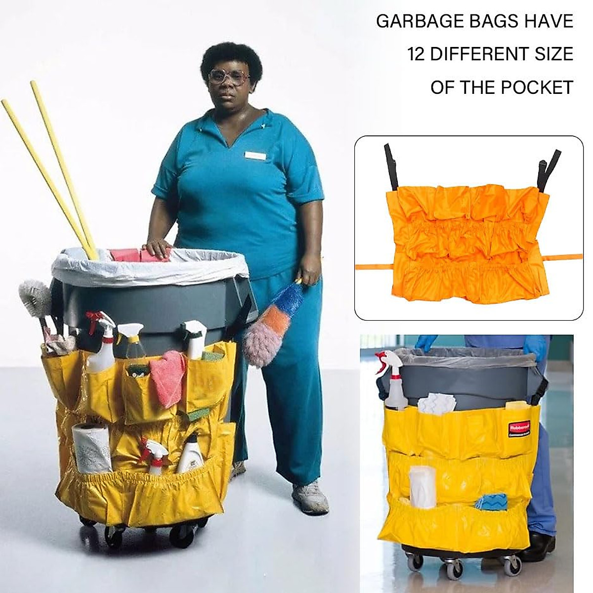 DDRAUY Yellow Trash Can Caddy Bags for Garbage Bins,10 Pockets Commercial Cleaning Caddy Bag,Fit 32-50 Gallon Can,Garbage Bin Caddy Organizer