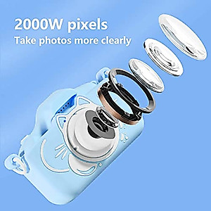New Cat Cartoon Children's Camera, Front and Rear Double Lens 20 Million Selfie Camera with 32GB SD Card, HD Selfie Camera for Kids, Parent-Child Gift Camera (Blue)