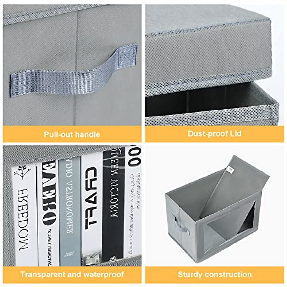 DIMJ Storage Bins with Lids, Foldable Sorage Bin for Closet, Storage Baskets with Window, Fabric Storage Bins with Handle for Clothes, Books, Baby items (Grey, Set of 4)