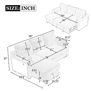 90" Pull Out Sleeper Sofa L-Shaped Couch, Sectional Sofa Bed with Storage Chaise, Storage Racks and USB Ports for Living Room, Apartment, Office, Light Brown