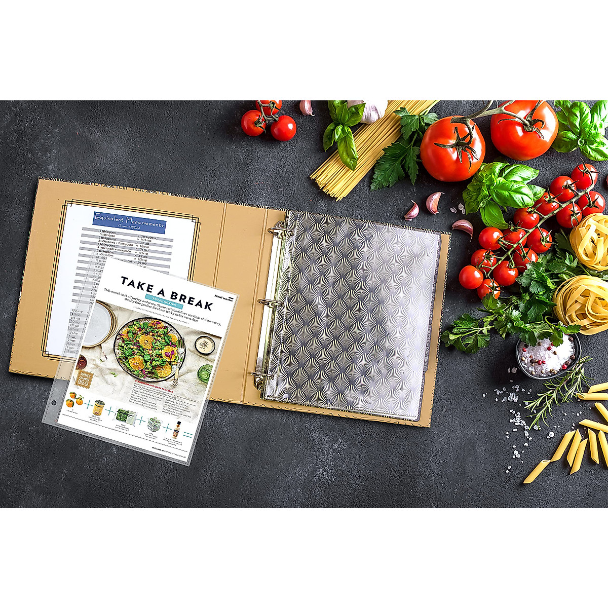 Better Kitchen Products Recipe Binder, Full Page 3 Ring Standard Binder Organizer Set (with 50 Page Protectors & 12 Category Divider Tabs) 11.5" x 12", Art Deco Roaring 20's Design