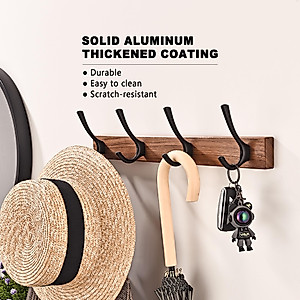 LECHYN 17.3" Small Walnut Wood Coat Rack Wall Mount with 4 Hooks, Heavy Duty Wooden Jacket Hanger Door Mounted for Decorative Entryway and Bathroom Hanging Towel Backpack Purse Clothes Hat Key Black