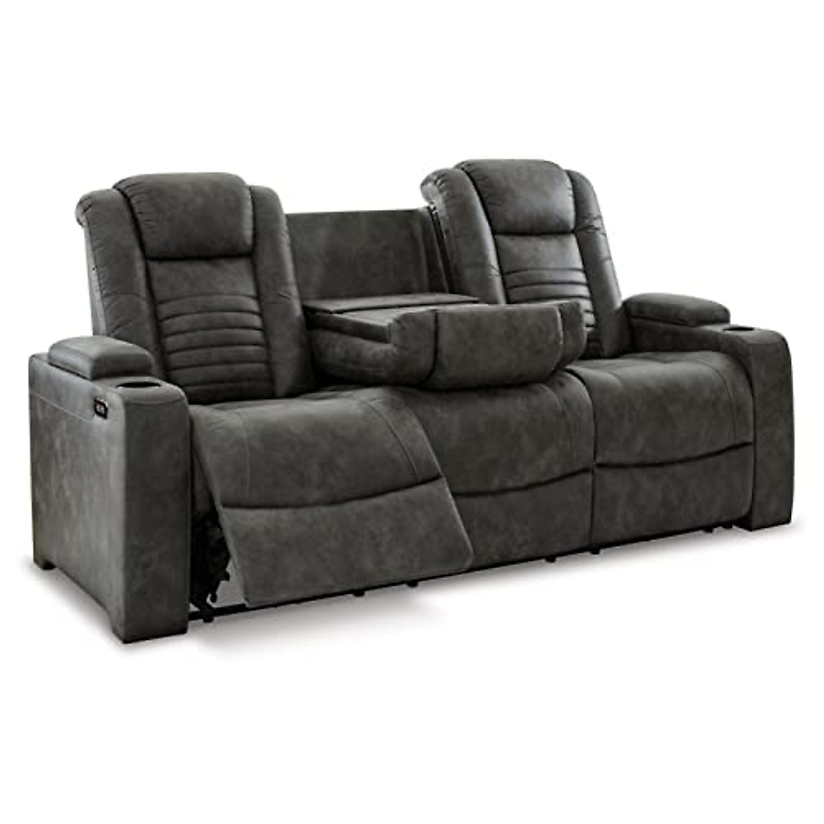 Signature Design by Ashley Soundcheck Contemporary Faux Leather Tufted Power Reclining Sofa with Adjustable Headrest, Gray