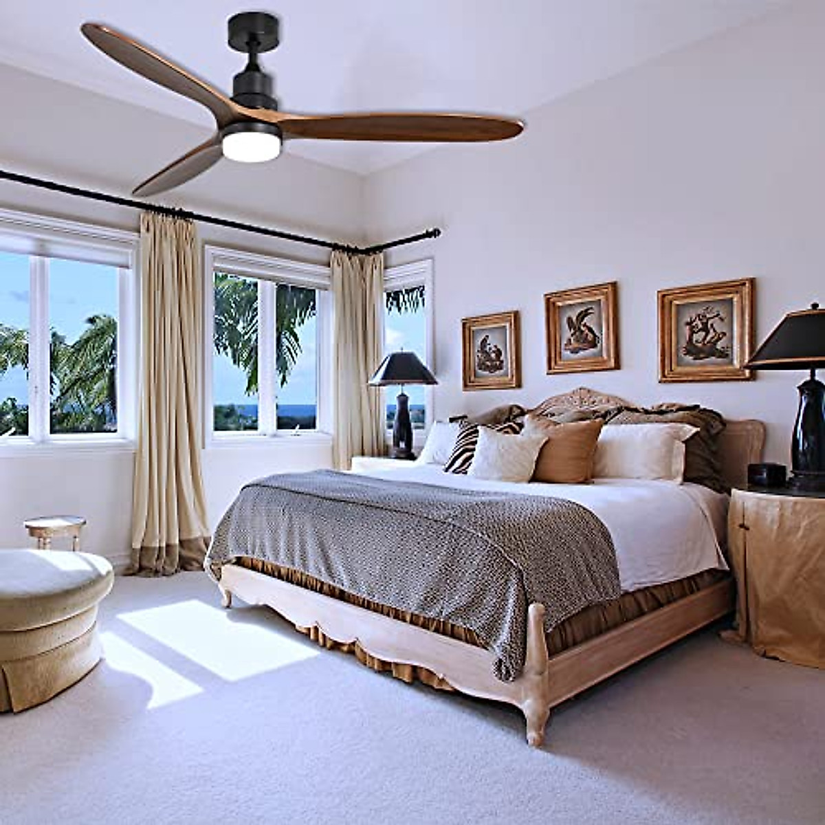 Sofucor Ceiling Fan 60'' Wood Ceiling Fan with Lights Remote Control Walnut Blades Dimmable Light Reversible DC Motor Modern Ceiling Fan for Kitchen, Bedroom, Basement, Dining, Living Room Matte Black