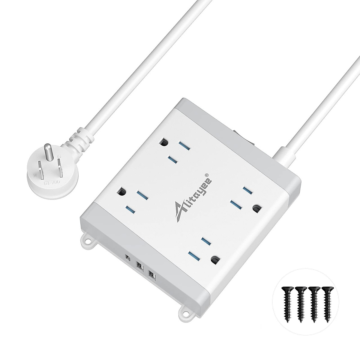 Alitayee Mountable Surge Protector Power Strip, Wall Mount Power Strip with 4 Outlets and 3 USB, Flat Plug, Shutter Safety and Circuit Breaker Switch, 6 Ft Extension Cord for College Home Office Dorm