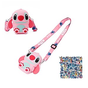 Cartoon Stitch Crossbody bag with Adjustable Shoulder Strap,Stitch 50s Sticker Set,Badge Wallet with Lanyard,Handbag with Zipper,Coin Money Pouch Bag (stitch-pink)