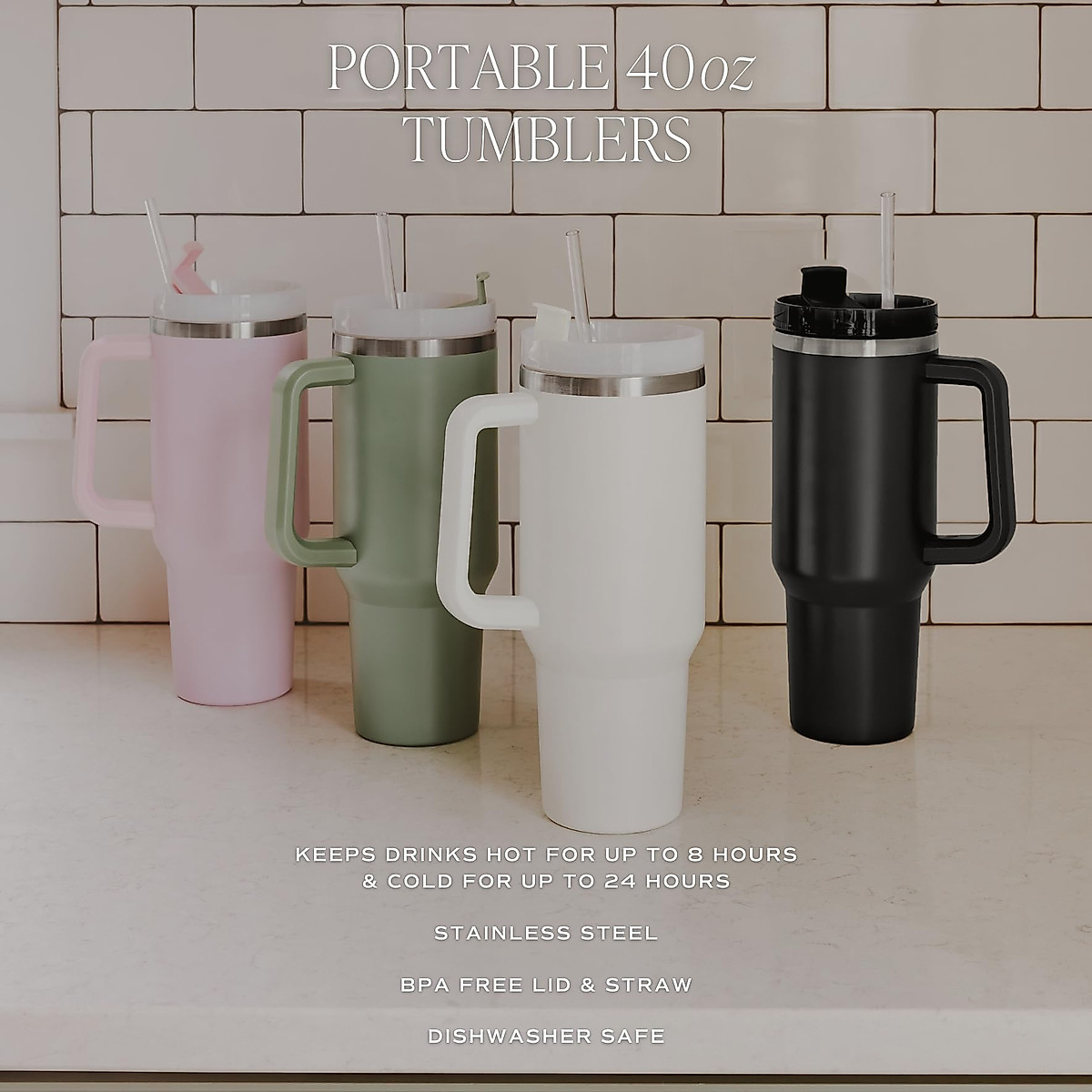 Sweet Water Decor 40 Oz Tumbler with Lid and Straw - Cream Insulated Tumblers for Hot and Cold Drinks - Coffee Tumbler with Narrow Base, Easy-Carry and Comfortable Grip Handle - Leak Proof Tumbler