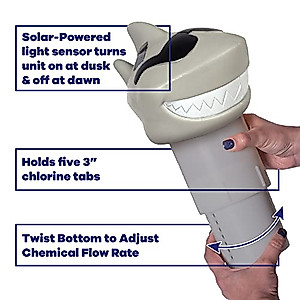 GAME 12902-BB Solar Light-Up Shark Pool 3-inch Tablet Chlorine Dispenser LED Light Sensor, Grey, 6.54” x 9.25” x 12.48