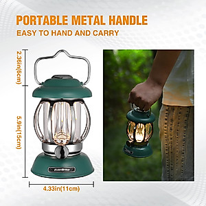 EverBrite Camping Lantern Rechargeable, Retro Metal Camping Light, 4400mAh Battery Powered Hanging Vintage Camping Lamp, 3 Light Modes, Outdoor Tent Light, Emergency Lantern for Power Outage - Green