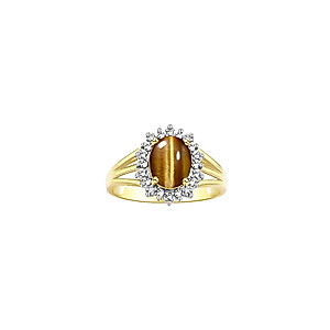 RYLOS Rings for Women 14K Gold Plated Silver Ring Princess Diana Inspired 9X7MM Gemstone & Halo of Diamonds Tiger Eye Jewelry for Women Size 10