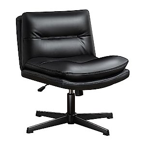 Office Chair Armless Desk Chair No Wheels,Thick Padded Leather Home Office Chairs, Adjustable Swivel Rocking Vanity Chair, Wide Task Computer Chair for Office,Home,Make Up,Small Space,Bedroom Black