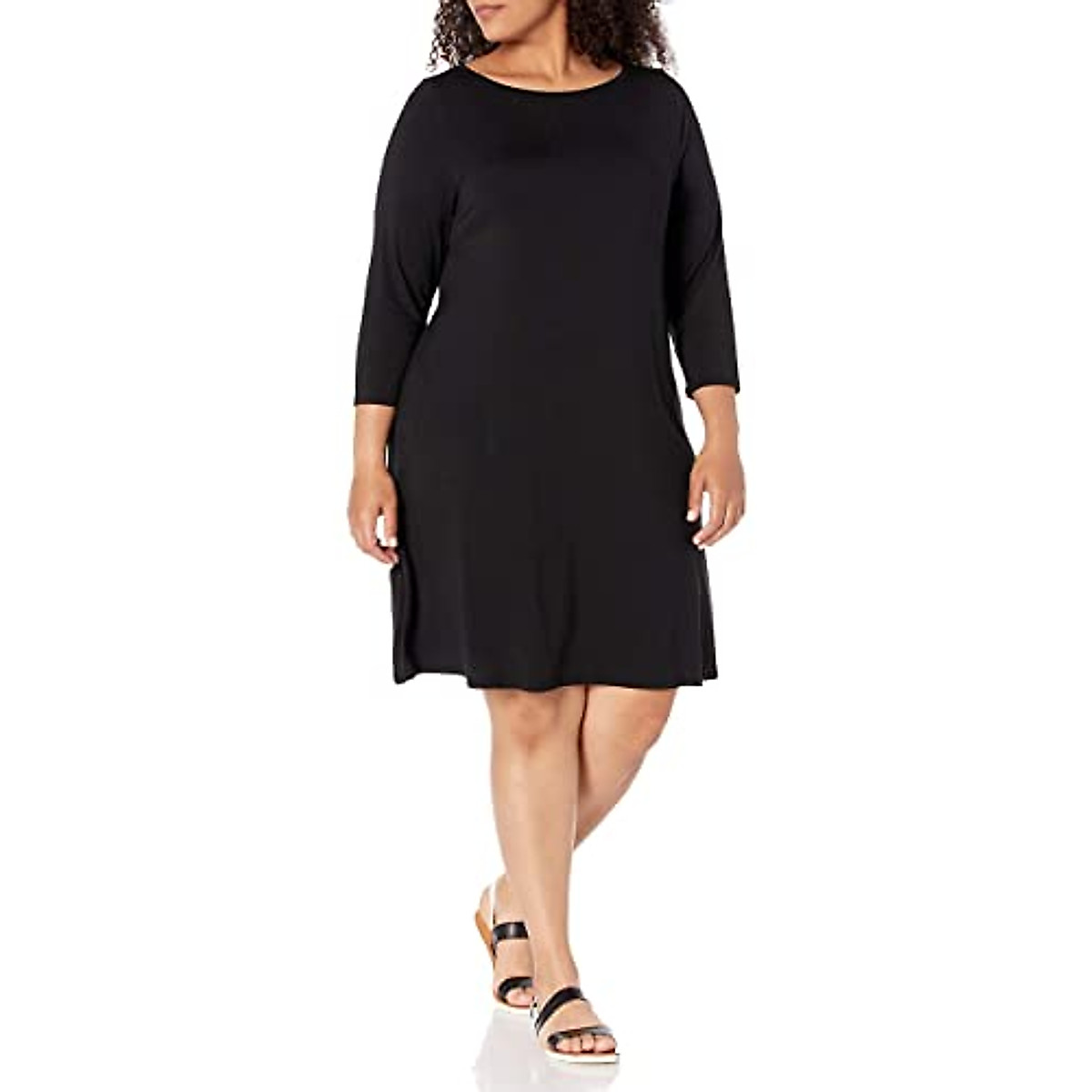 Amazon Essentials Women's 3/4 Sleeve Boat-Neck Dress (Available in Plus Size), Black, 1X