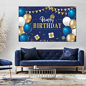 Rubfac Navy Blue Birthday Decorations Happy Birthday Backdrop with 70pc Navy Blue Gold and White Balloon Garland Kit Photo Backdrop Background for Birthday Party Decoration Supplies