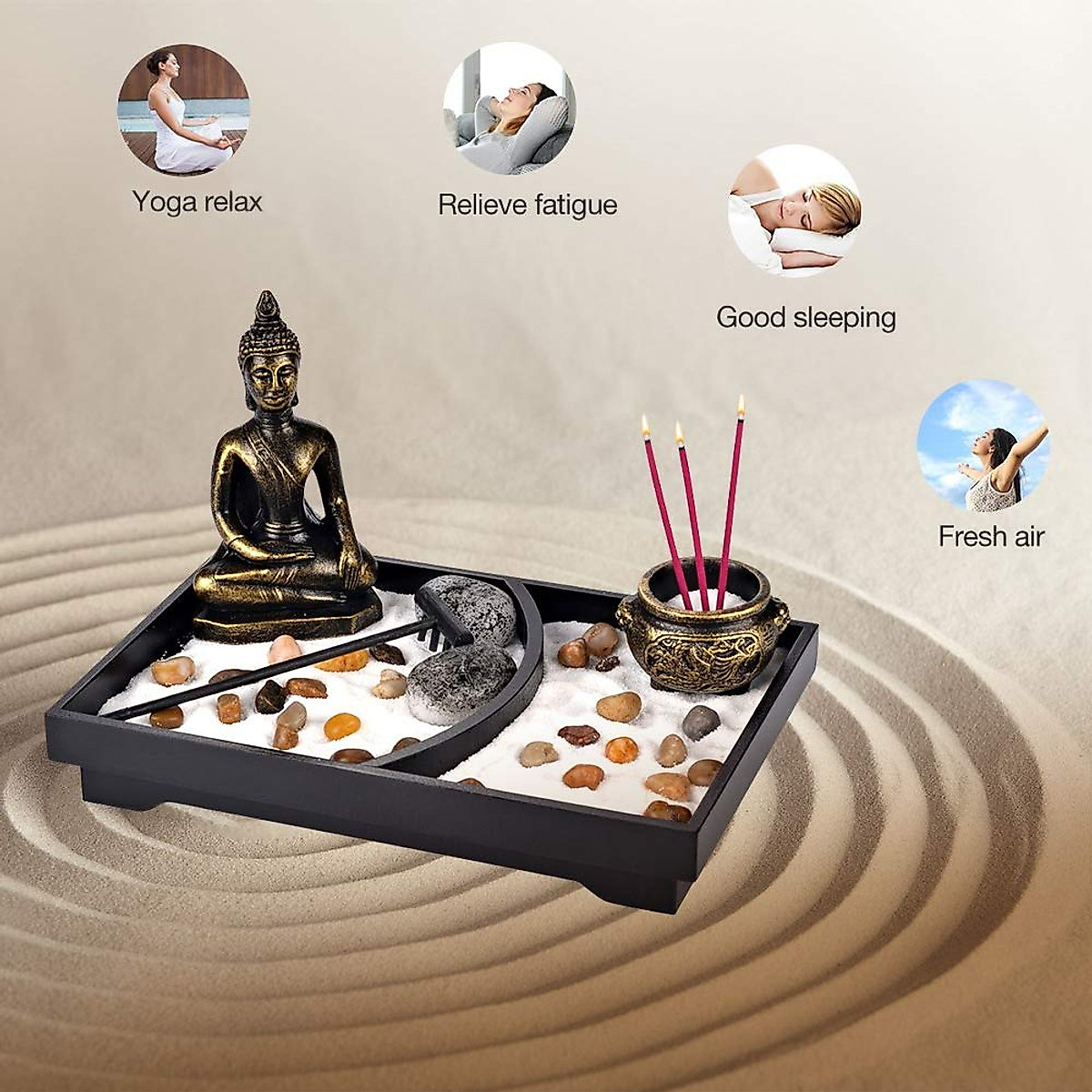 Royal Brands Zen Garden with Buddha, Rake, Rock Candle, and Incense Holder – Peace and Tranquility (9"x6"x7")