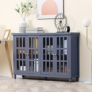 HOMCOM Sideboard, Buffet Cabinet with 4 Tempered Glass Doors, Stripe Pattern and Adjustable Storage Shelf, Credenza, Gray