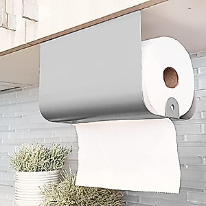 KN FLAX Paper Towel Holder Under Cabinet, No Drilling Needed Paper Towels Hanger with Magnetic Bulletin Board for Memo and Kitchen Timer - Grey