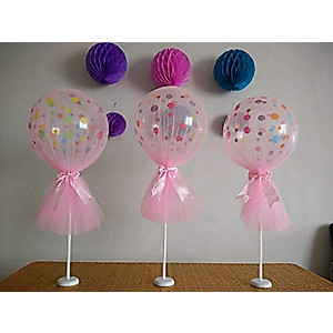 Suppromo Pink Polka Dot Balloons Set Tutu Tulle Balloons With Column Base Kit for Baby Shower Girl Wedding Birthday Party Table Decorations(12 inch Pink Tulle Balloon, 6 Pack)