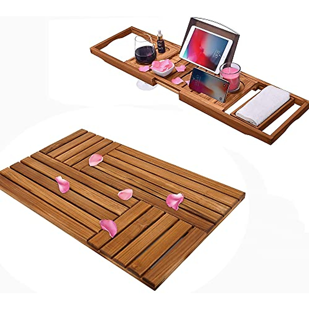 Utoplike Teak Wood Bath Mat, 31.8 x 20 inch Large Wooden Shower Mat for Bathroom and Bathtub Caddy Tray Bath Tray for Tub Set