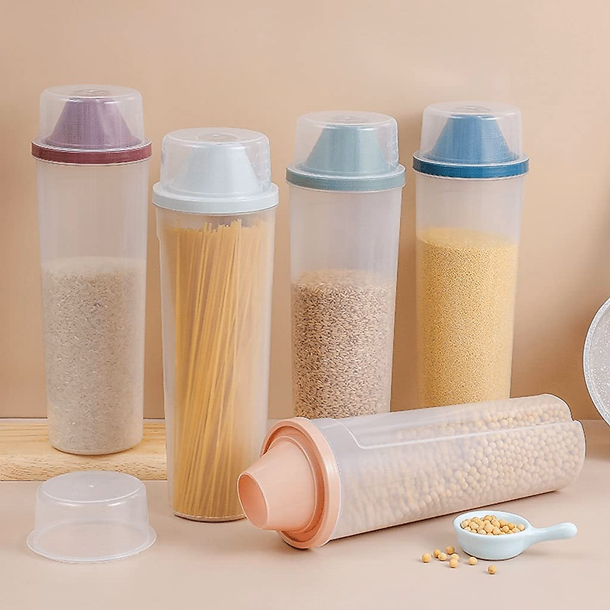 FSHAN Kitchen Jars Plastic Storage Box Kitchen Food Grains Cereal Containers Tall Food Storage Spaghetti Noodle/Pasta Container with Scale Lid Useful Container Set (Color : 2pcs Pink)