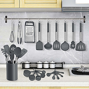 LIANYU 27 PCS Cooking Kitchen Utensils Set with Holder, Silicone Kitchen Utensils Spatula Set with Stainless Steel Handle, Kitchen Cooking Gadgets Tools for Nonstick Cookware Set, Heat Resistant, Gray