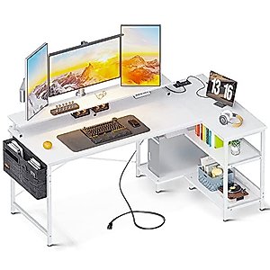 ODK 58 Inch Computer Desk with USB Charging Port & Power Outlet, L-Shaped Corner Desk with Storage Shelves & Monitor Shelf for Home Office Workstation, Modern Writing Table, White