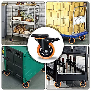 SOCHER 4 Inch Plate Caster Wheels, Heavy Duty 4” Casters Set of 4 with Brake,No Noise Polyurethane Wheels and Safety Dual Locking casters, Swivel Plate Castors (Two Hardware Kits) (4 inch)